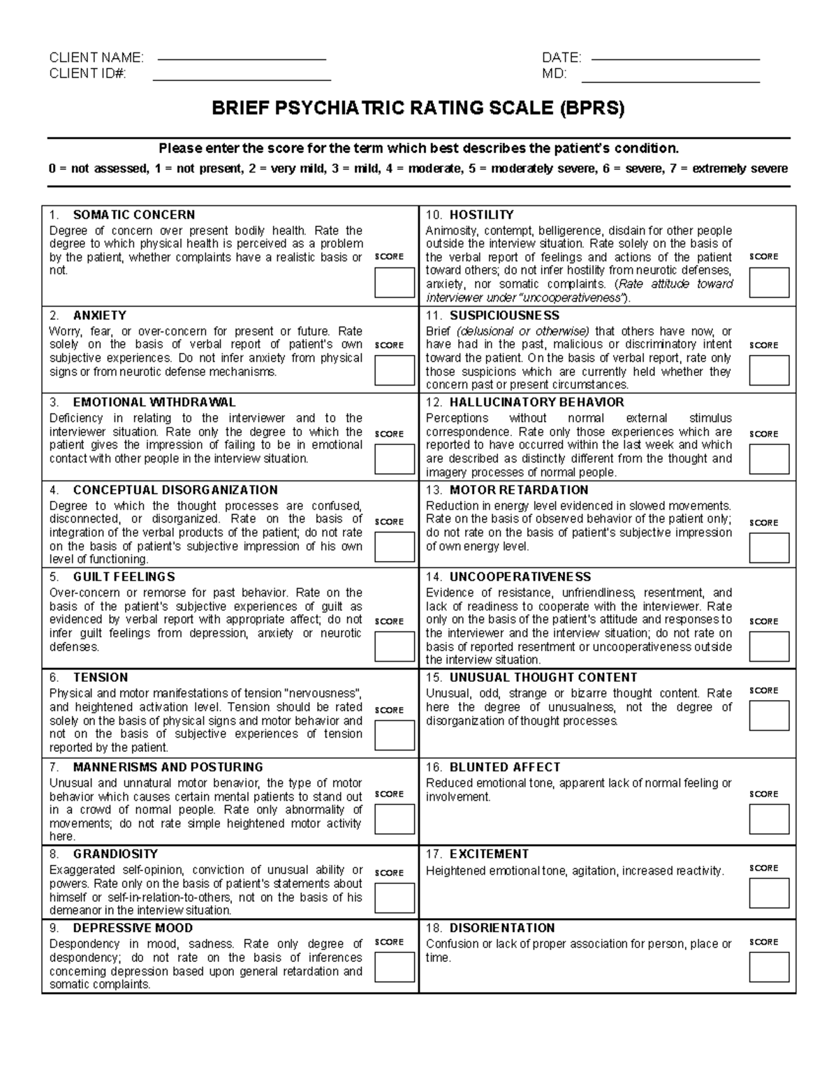 Psychiatric Assessment Tool: Brief Rating Scale (BPRS) Overview - Studocu