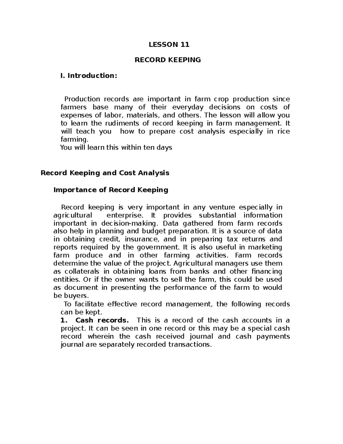 Agriculture Lesson 11: Essential Record Keeping & Cost Analysis - Studocu