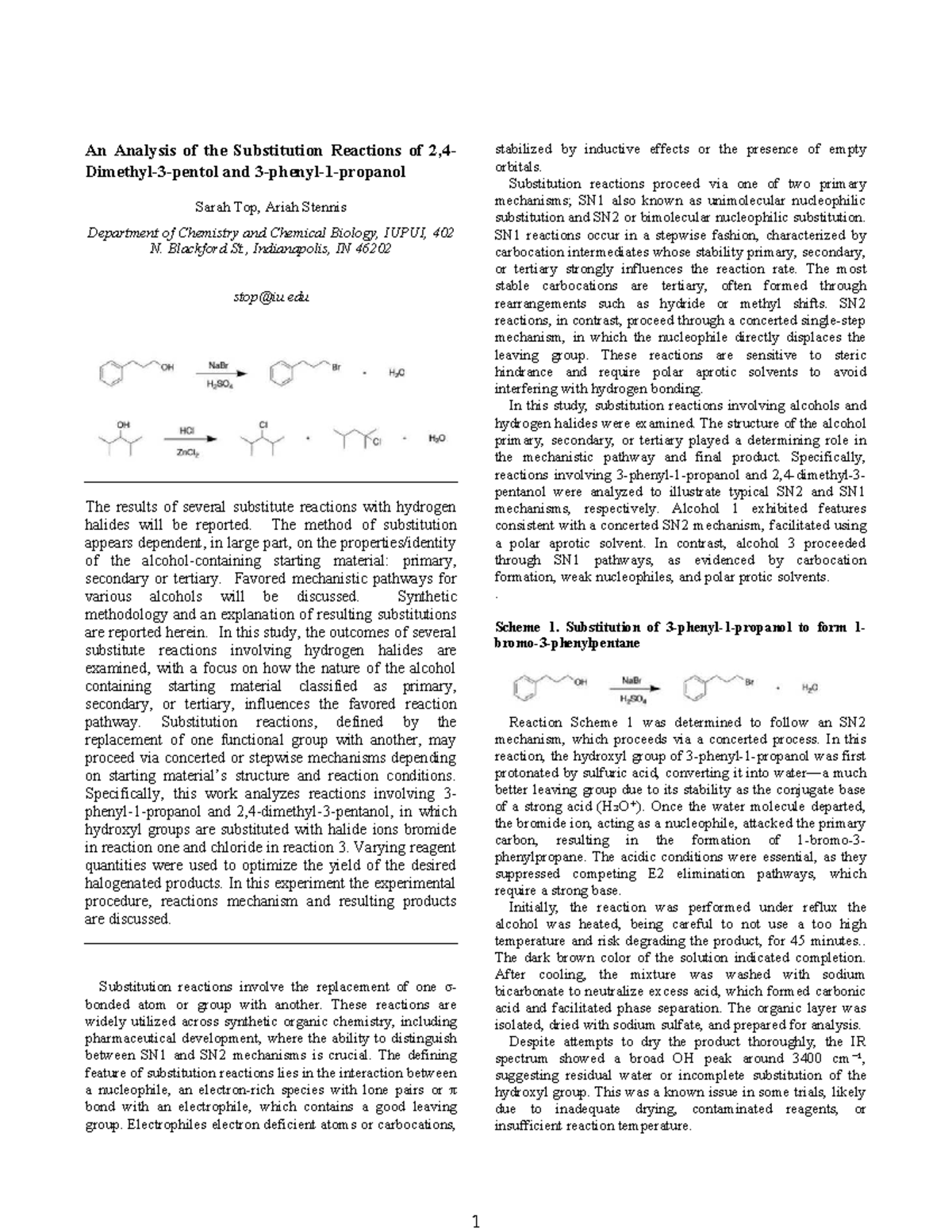 C343 JOC Note: Analysis of SN1 and SN2 Mechanisms in Substitution ...