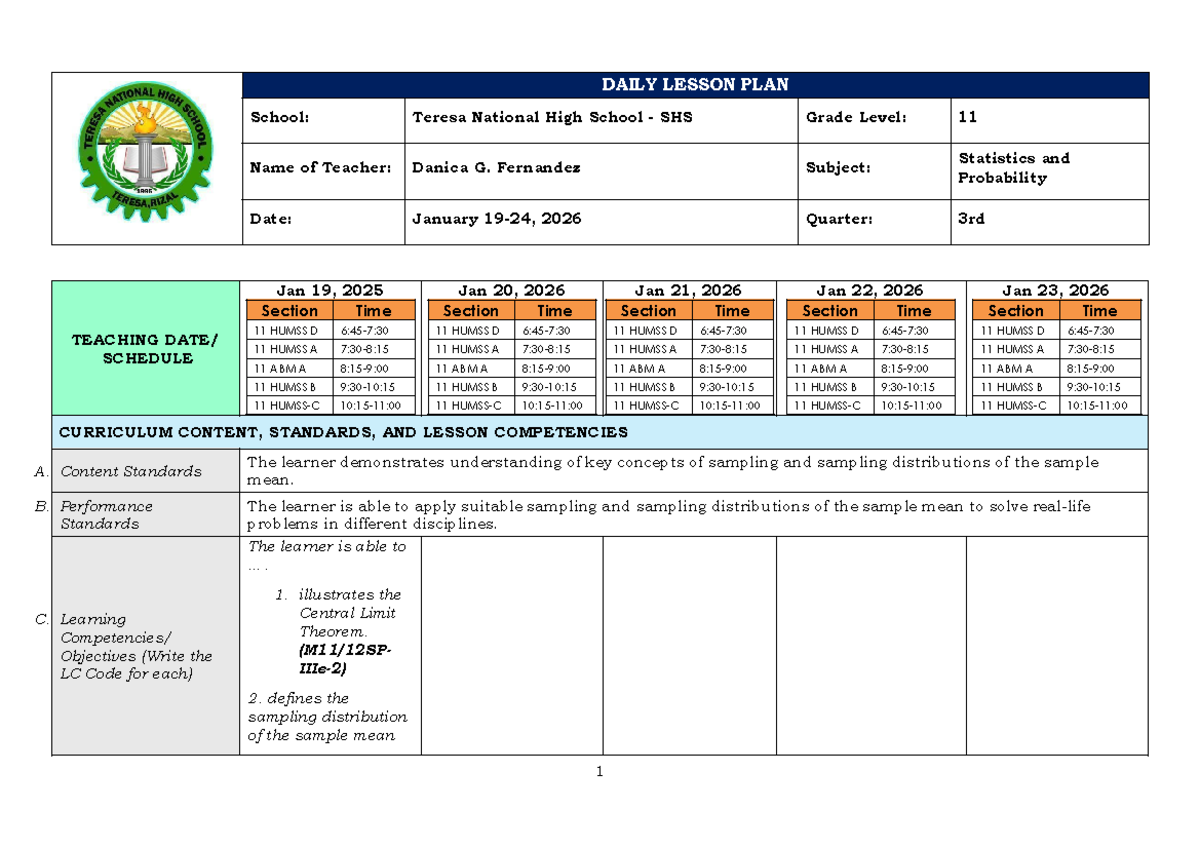 Statistics and Probability Daily Lesson Plan (SHS 11) - Jan 2026 - Studocu