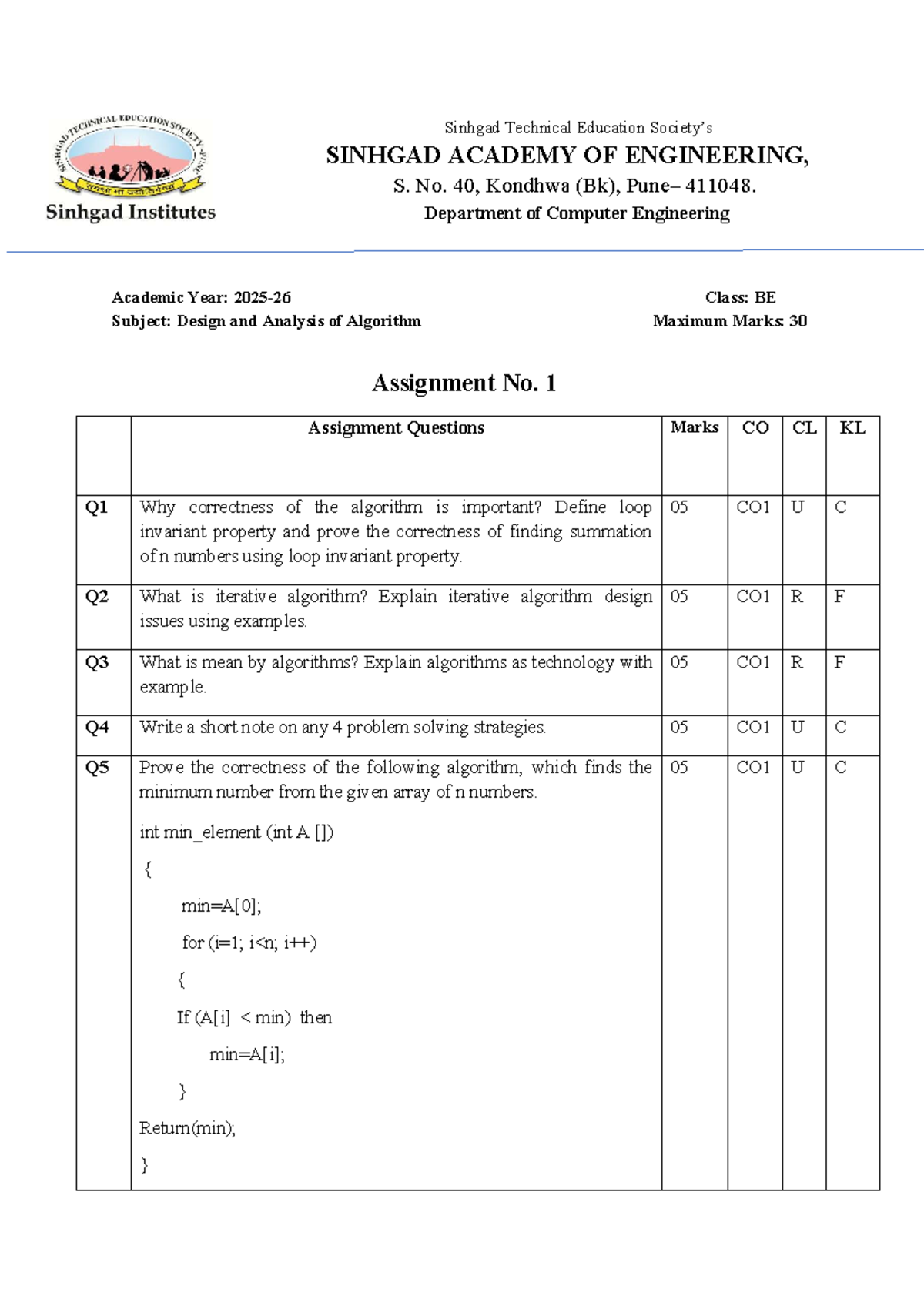 DAA Assignments for BE - Design and Analysis of Algorithms - Studocu
