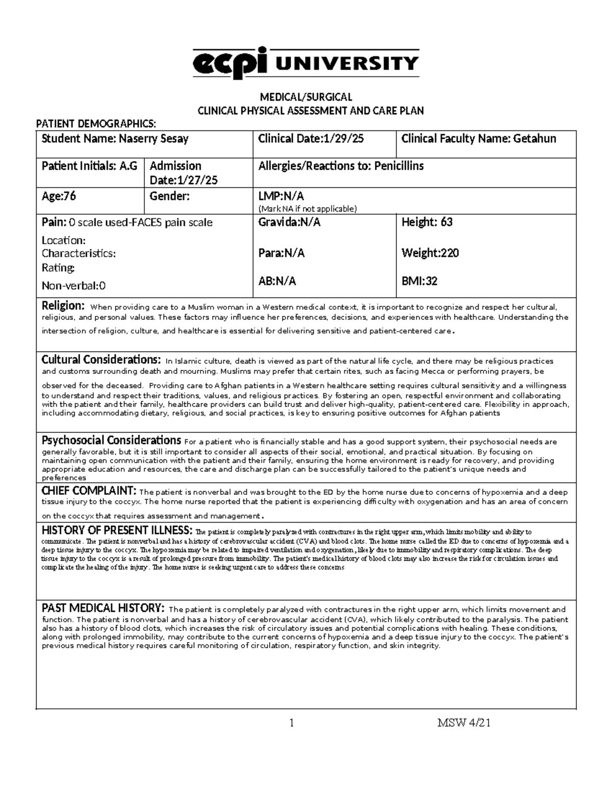 Med Surg Careplan 042021-3 - MEDICAL/SURGICAL CLINICAL PHYSICAL ...