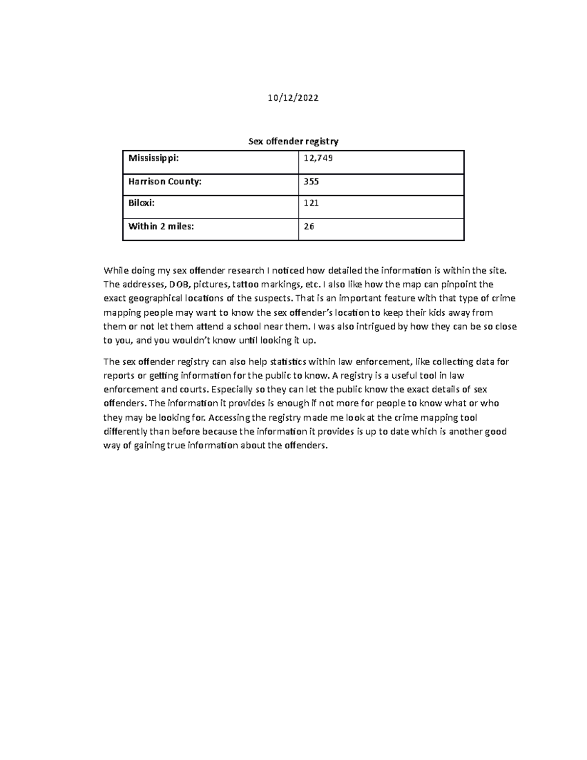 CRJU145 SOR - Paper for students that need tips with sex offenders and ...