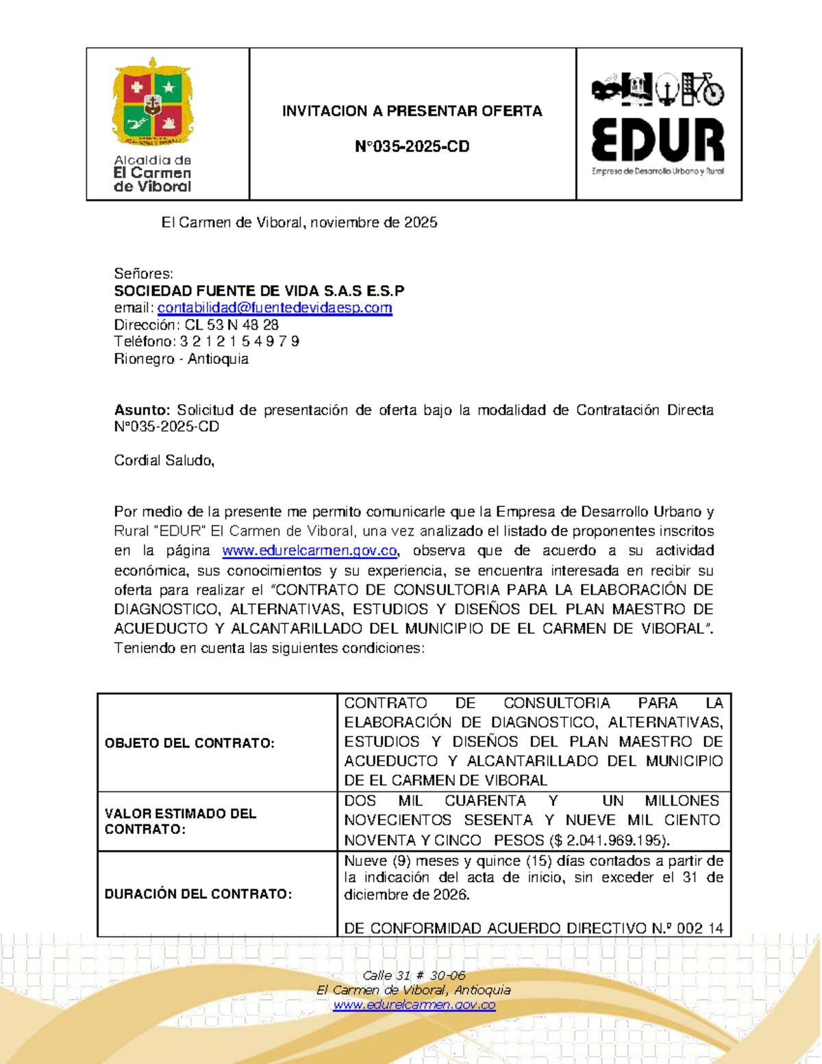 INVITACIÓN A PRESENTAR OFERTA - CONSULTORÍA PLAN MAESTRO ACUEDUCTO Y ...