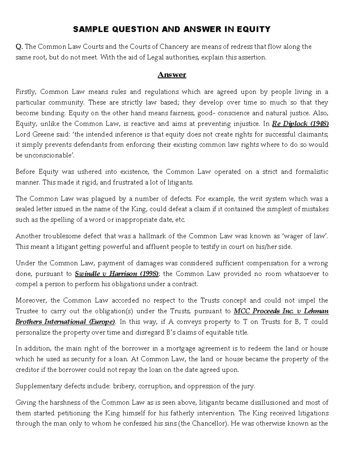 Sample Question AND Answer IN Equity - SAMPLE QUESTION AND ANSWER IN EQUITY Q. The Common Law ...
