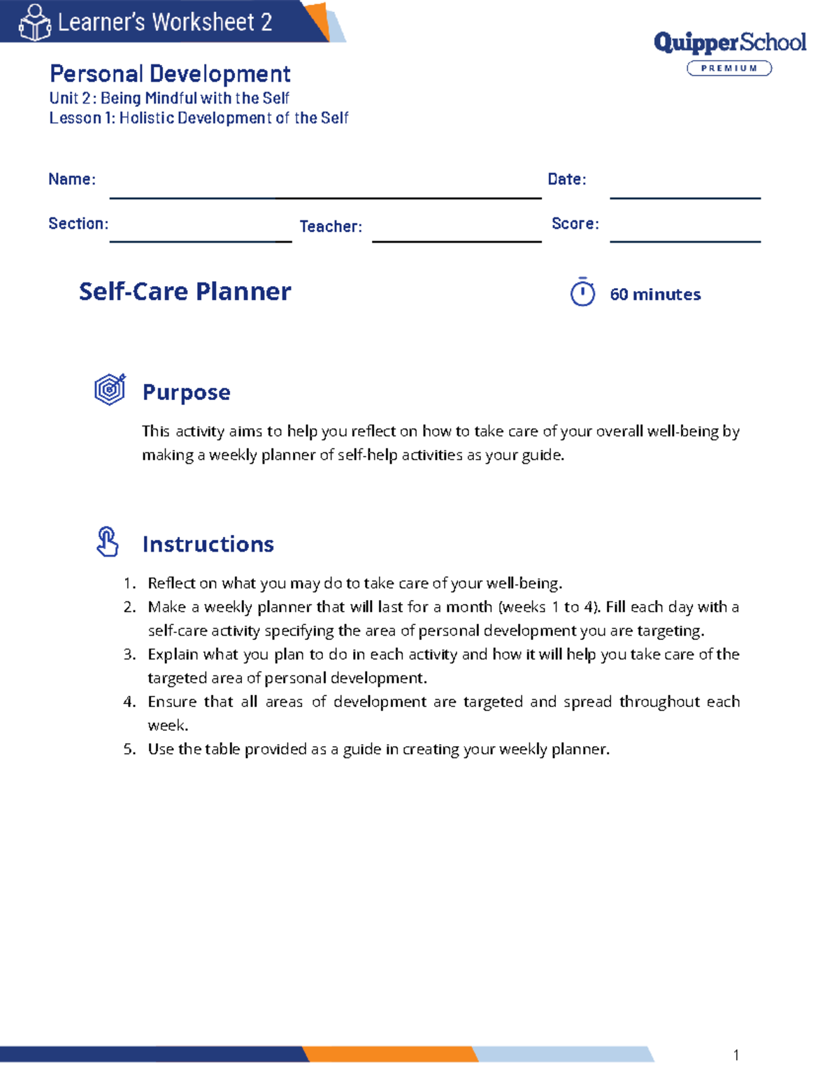 Planner ON Taking CARE OF SELF - Unit 2: Being Mindful with the Self ...