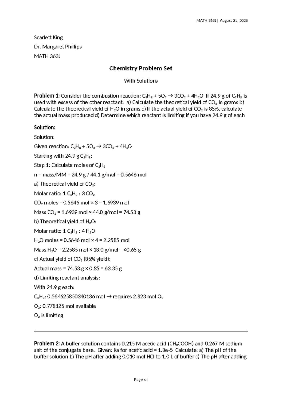 MATH 363J Chemistry Problem Set Solutions - August 2025 - Studocu
