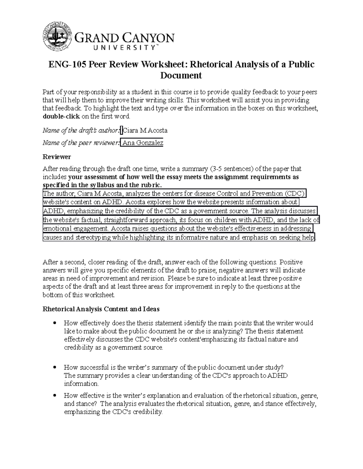 ENG-105-RS-Rhetorical Analysis Peer Review Worksheet Online - ENG-105 ...