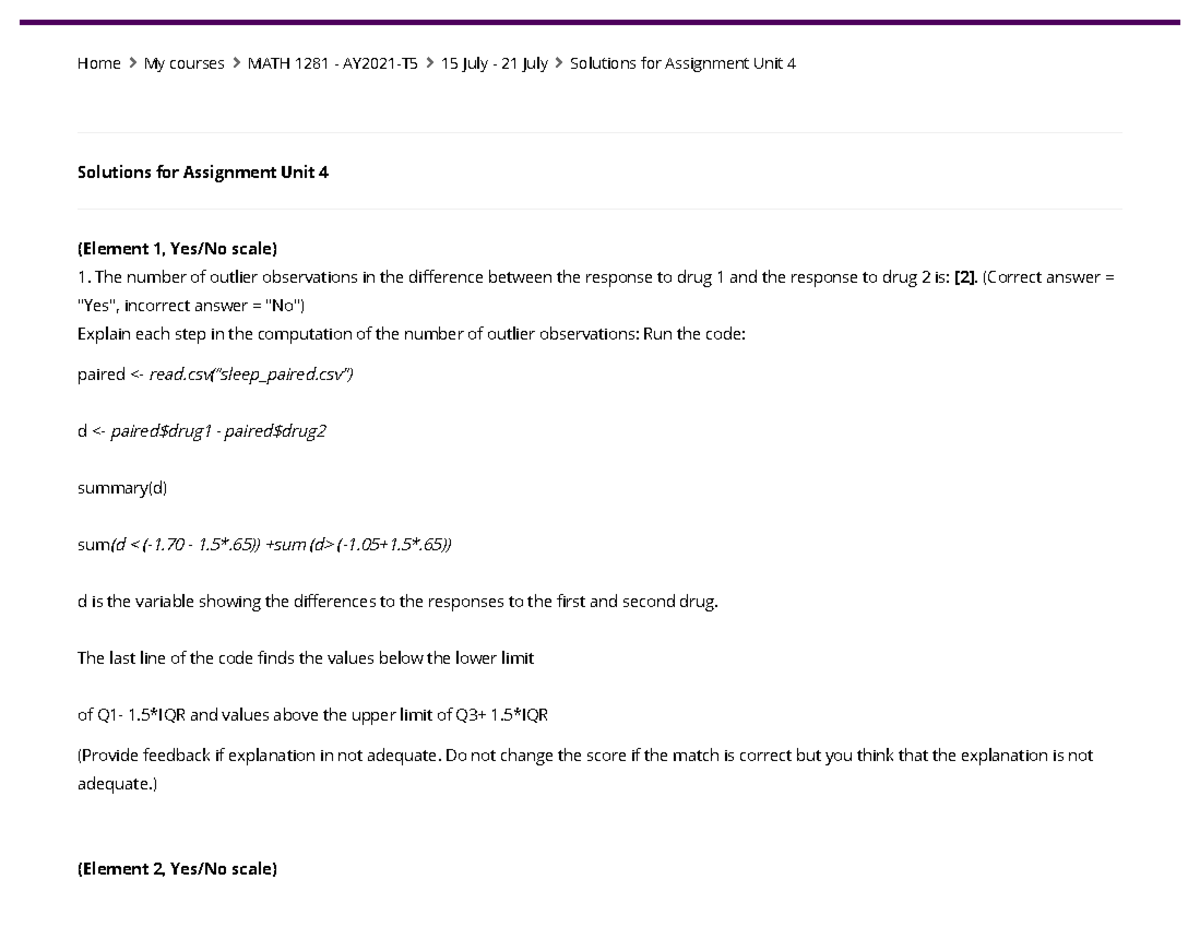 MATH 1281 - AY2021-T5 Solutions for Assignment Unit 4 - Solutions for Assignment Unit 4 (Element ...