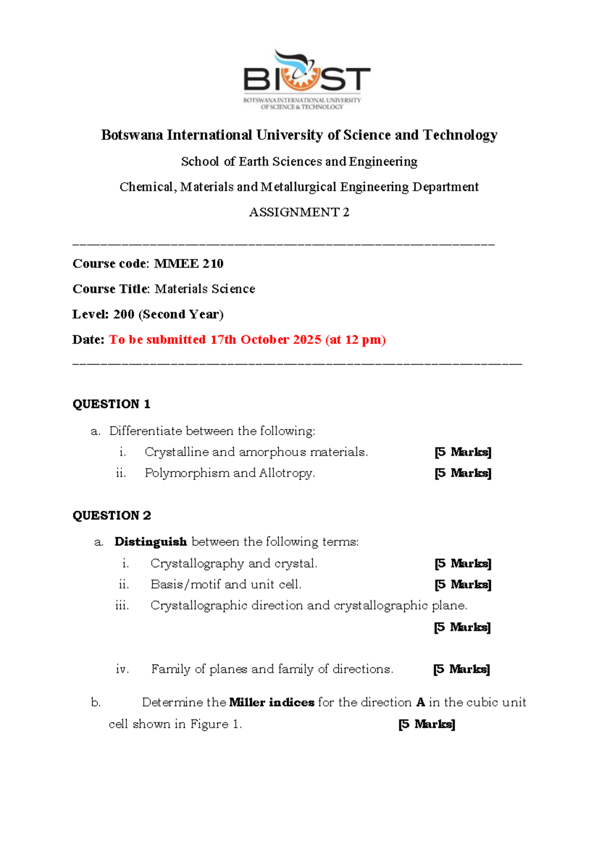 MMEE 210 Assignment 2: Materials Science Concepts and Definitions - Studocu