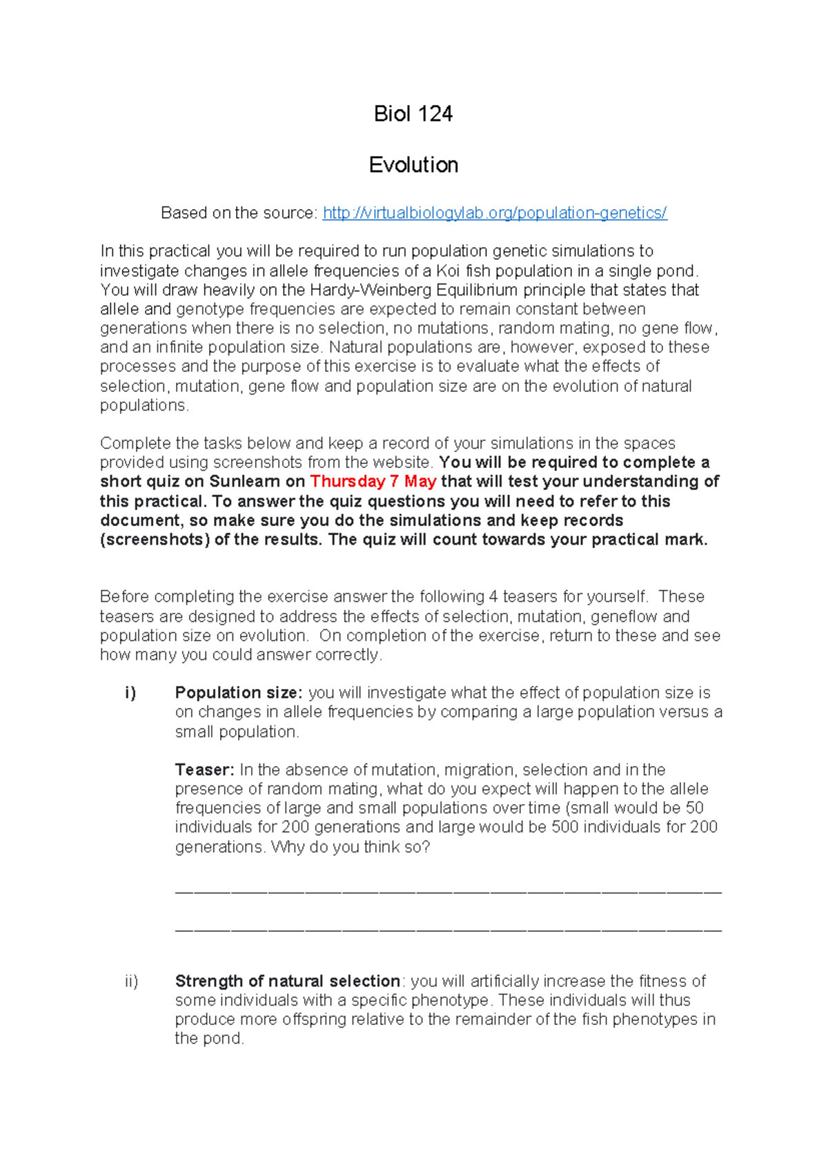 2026 Biol 124 Practical: Microevolution and Allele Frequency ...