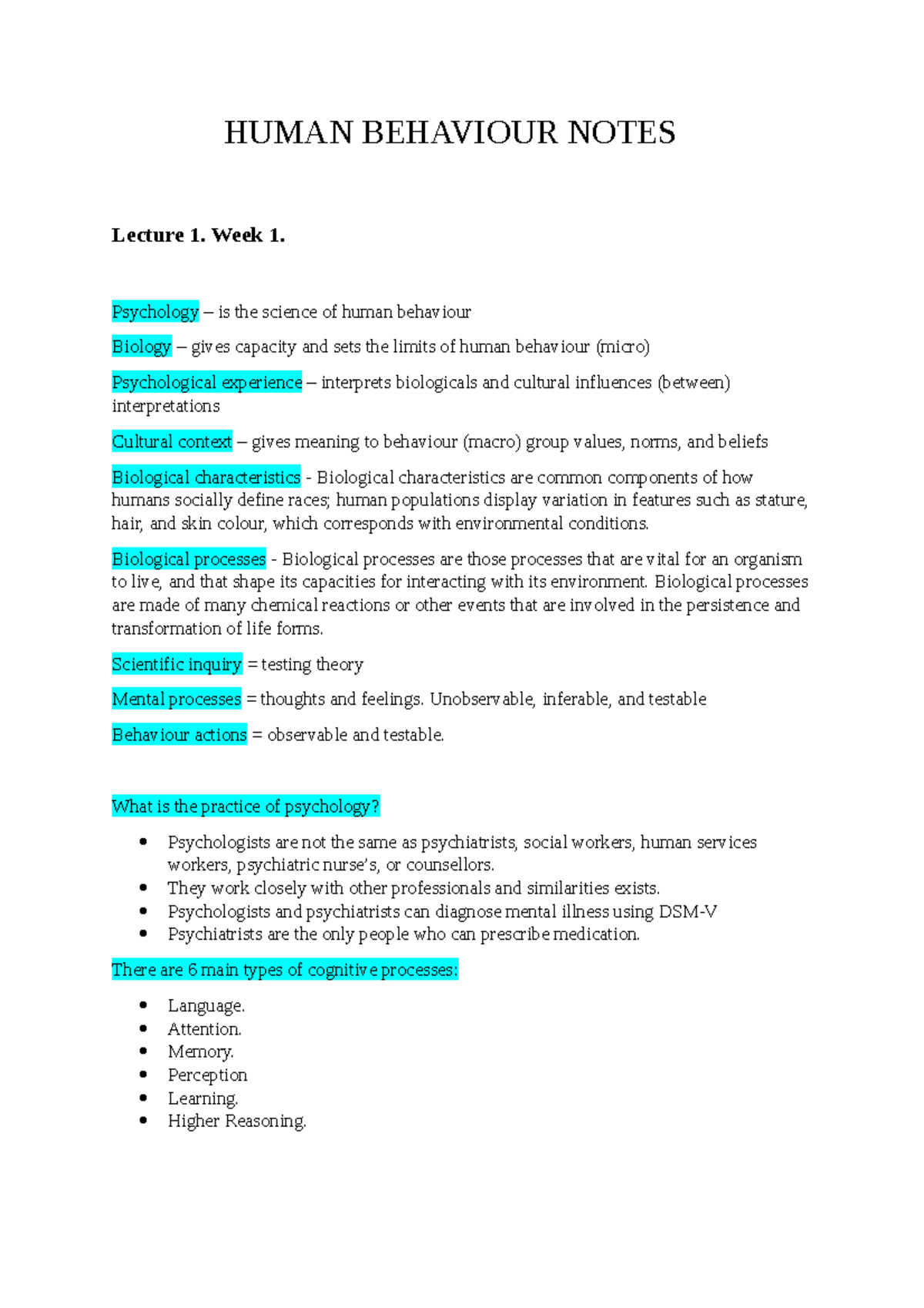 Psychology (PSY101): Comprehensive Human Behaviour Lecture Notes - Studocu