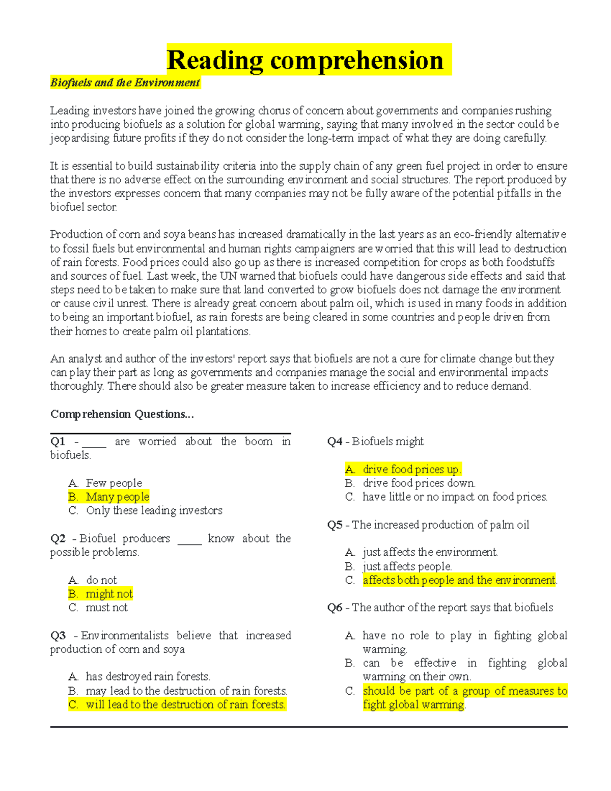 Biofuels and the Environment: Reading Comprehension Questions - Studocu