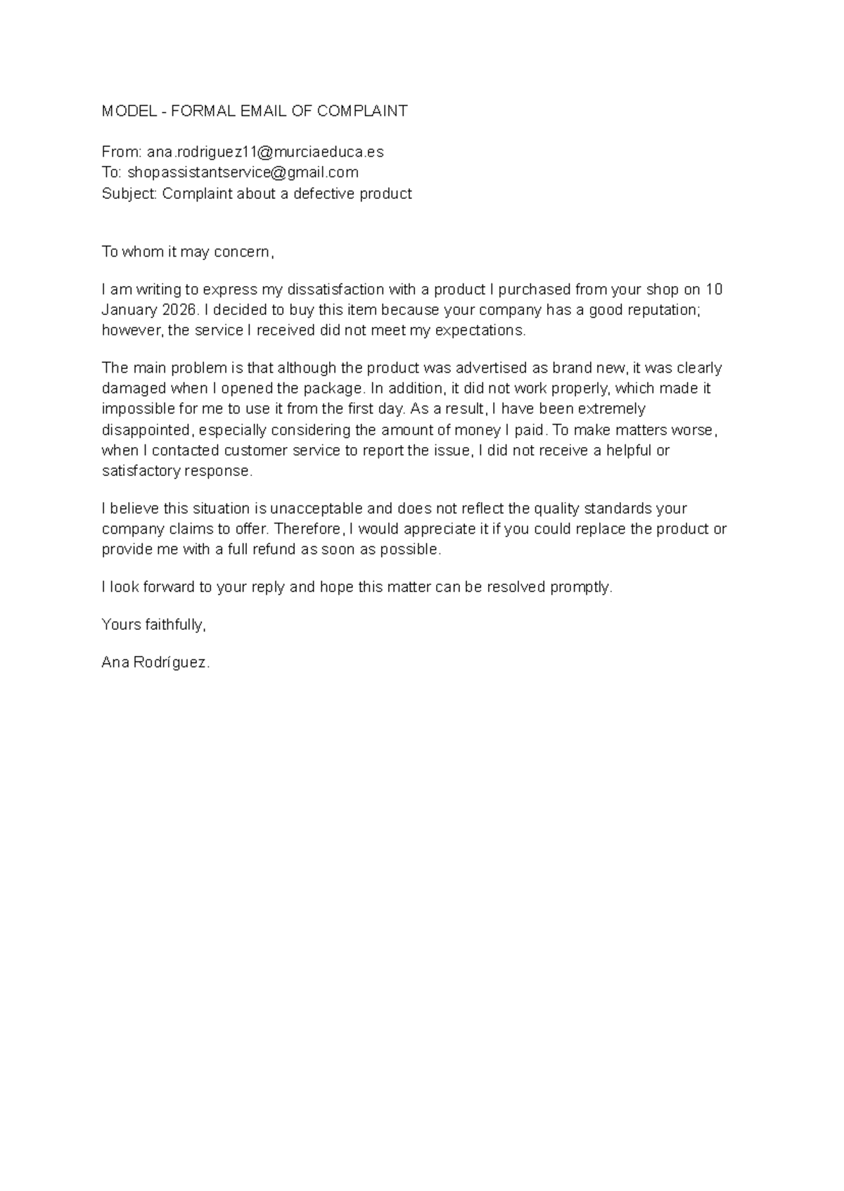 Sample - Formal Email of Complaint Template - Studocu
