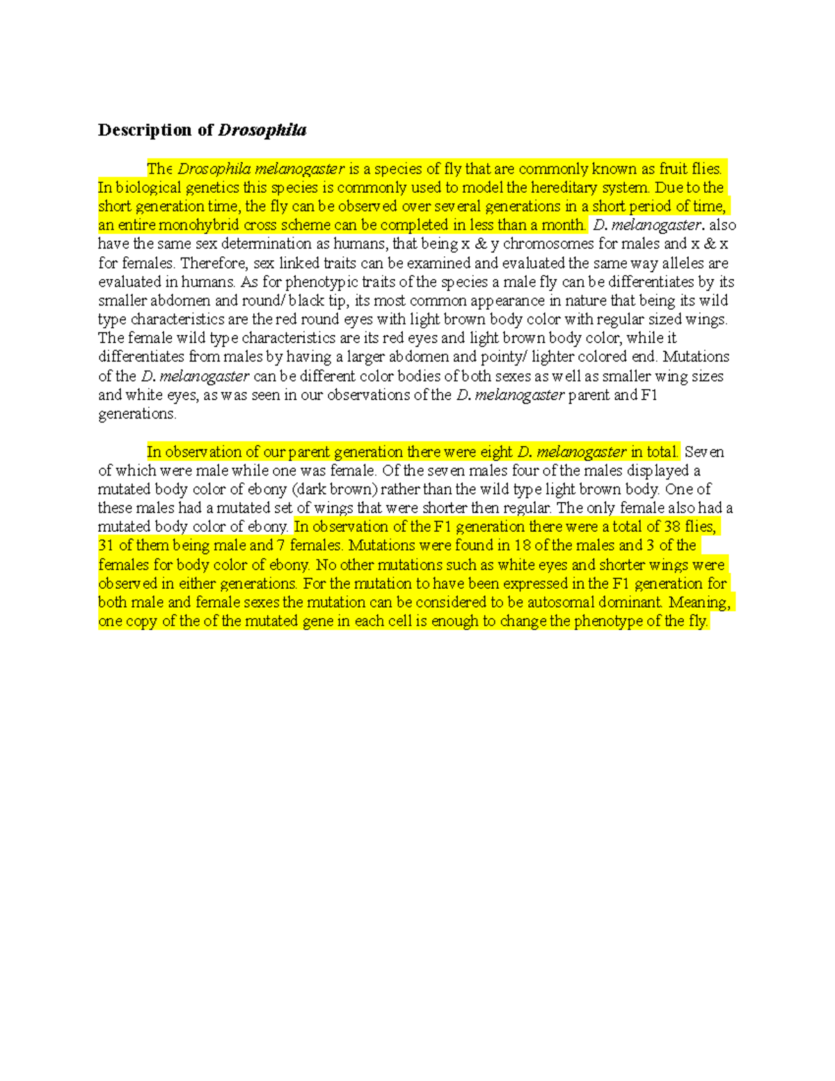 Describe your Drosophila Assignment - Description of Drosophila The ...