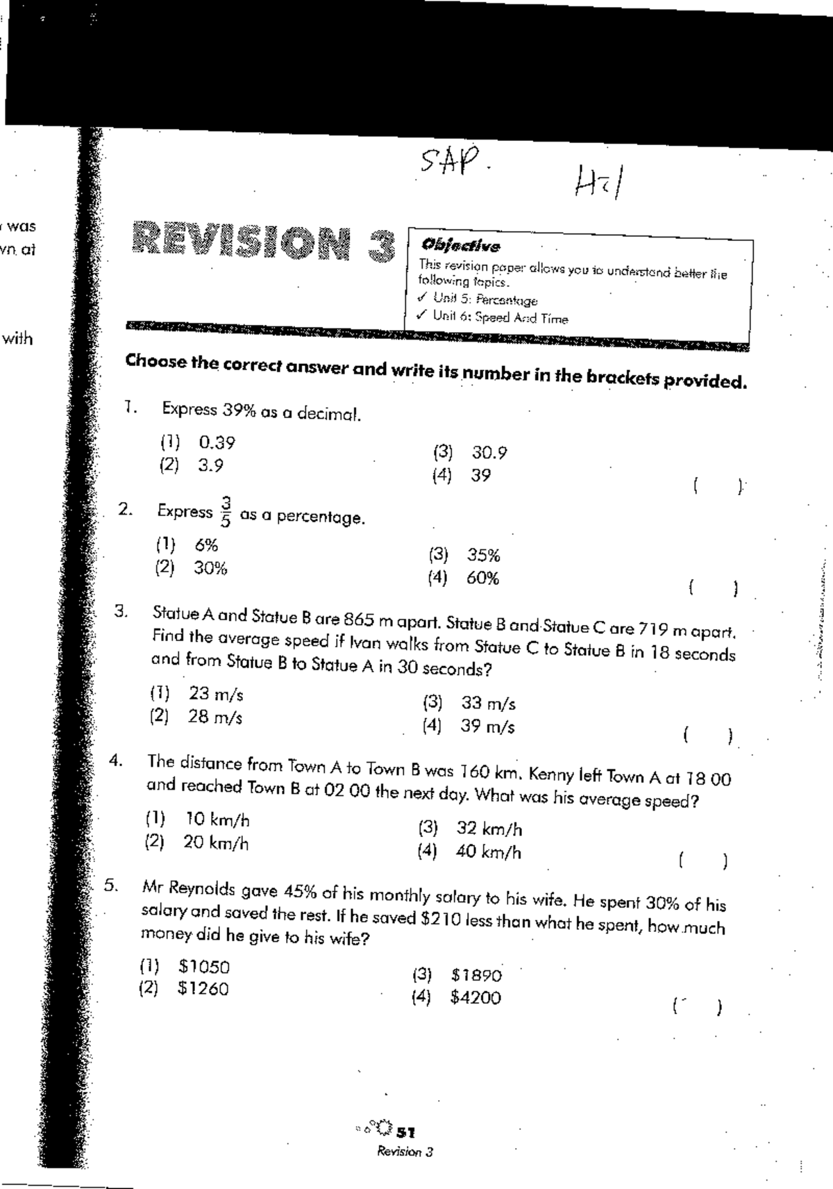 Revision 3 Maths: Units on Percentage, Speed, and Time - Studocu