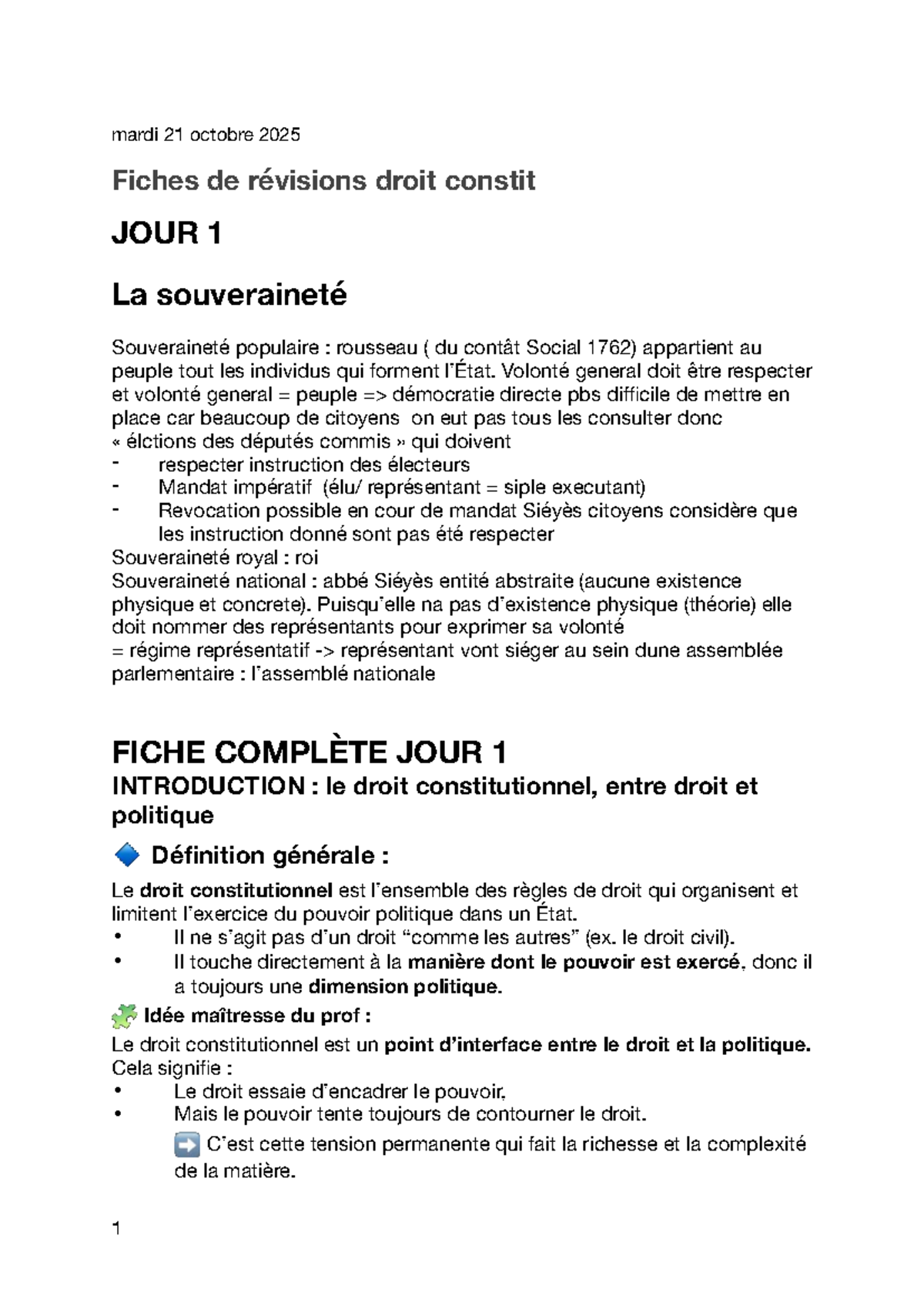 Fiches de Révision Droit Constit 2025 - Souveraineté et Concepts Clés ...