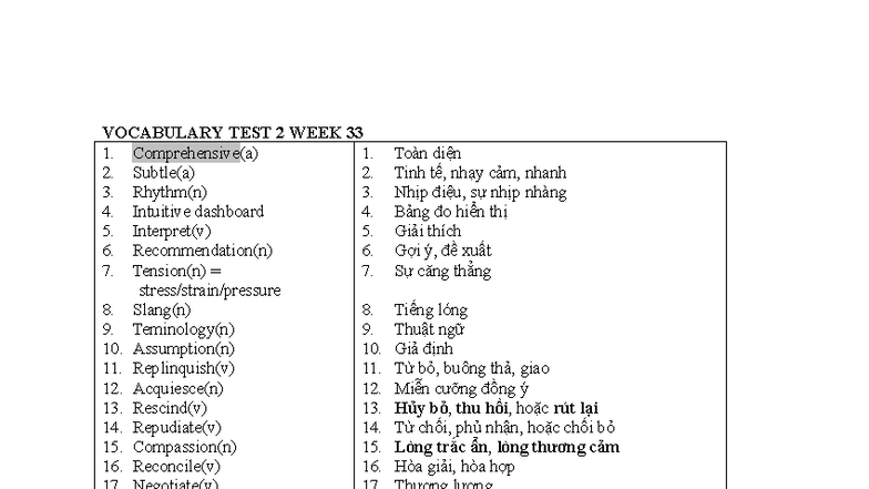 VOCABULARY TEST 2 - WEEK 33: Key Terms and Definitions - Studocu