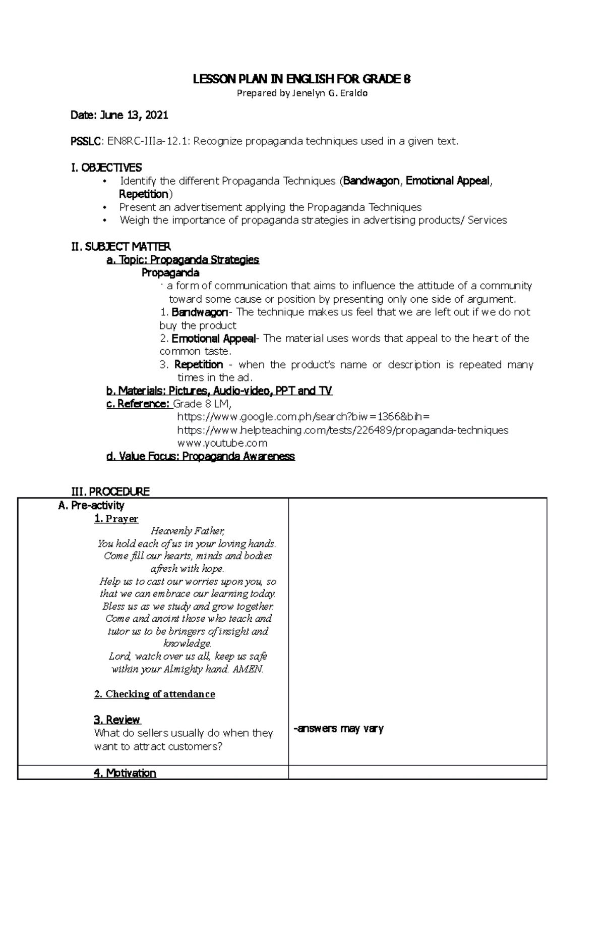 Learning Plan for English 8 Quarter 4 - Republic of the Philippines ...