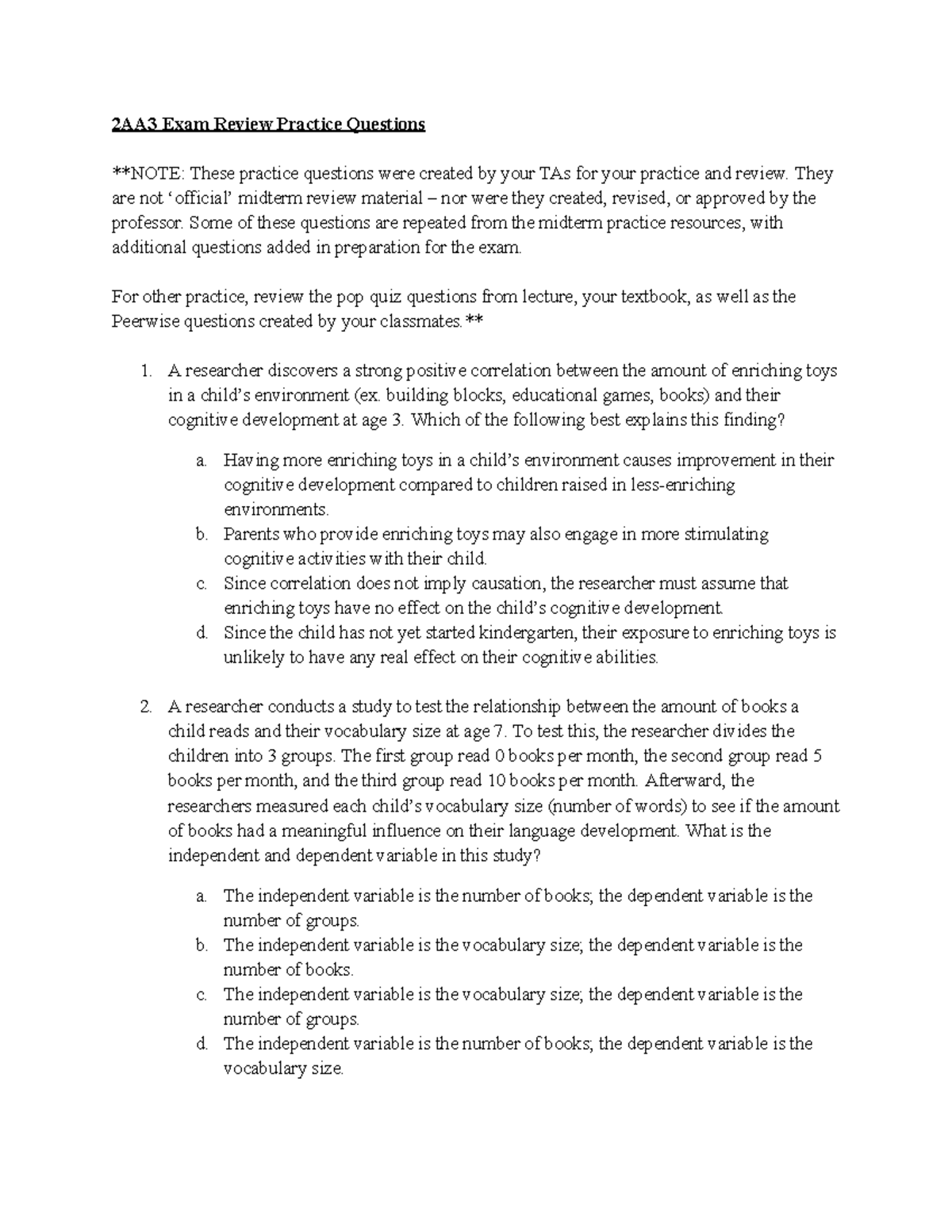 2AA3 Final Exam Review: Practice Questions and Key Concepts - Studocu