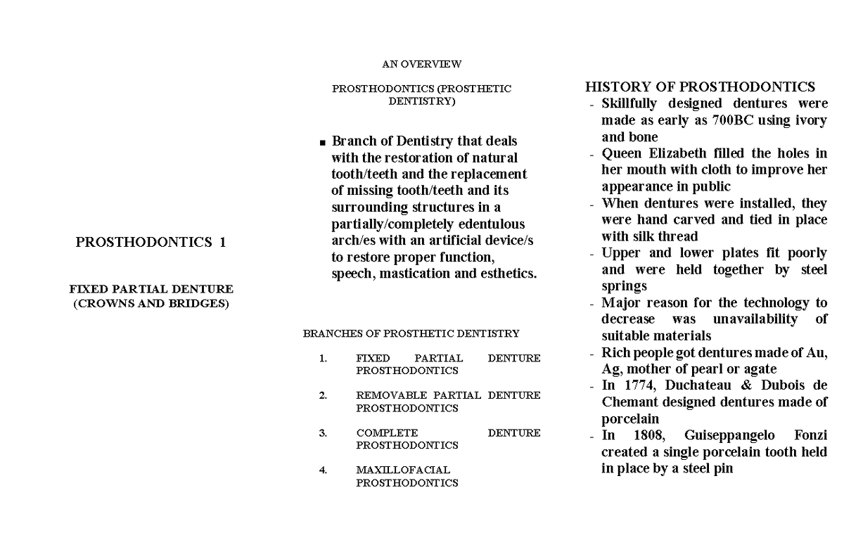 Prosthodontics 1: Fixed Partial Denture Overview and Key Concepts - Studocu