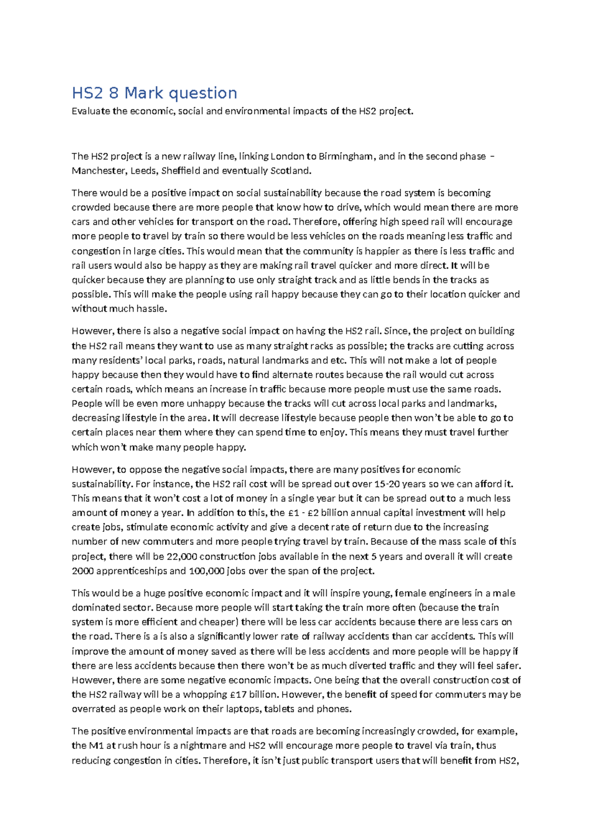 HS2 8 Mark Question: Evaluating Economic, Social & Environmental ...