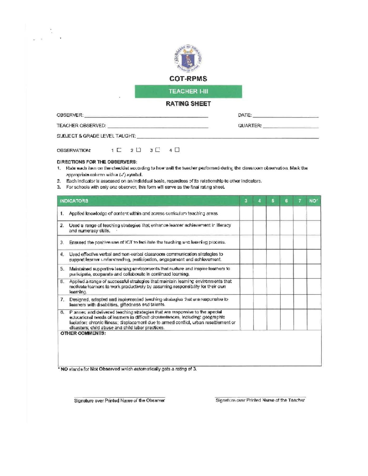 COT-2024 2025- Proficient- Teacher - NG 6 EDUX TEACHER RATING SHEET OBSERVER: DATE: TEACHER ...