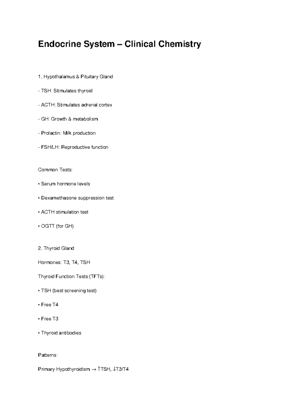 Endocrine System Clinical Chemistry Hormones Tests Overview Studocu