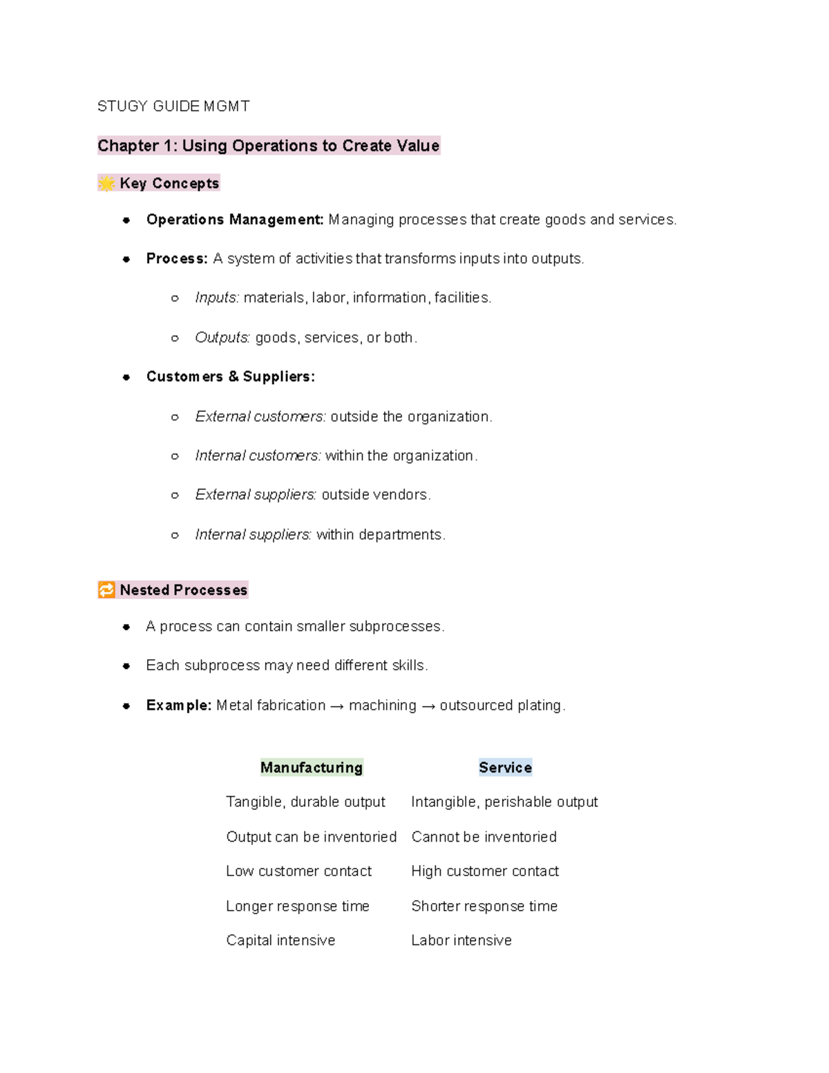 Operations Management Study Guide MGMT: Key Strategies & Concepts - Studocu