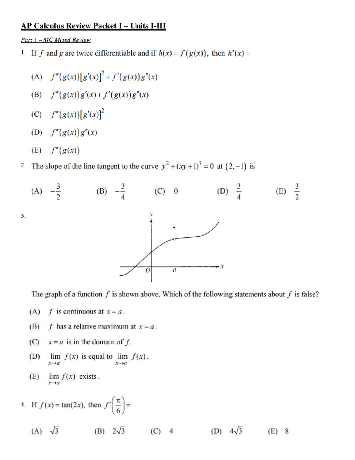 AP Calculus Review Packet I: Units 1-5 Mixed MC Questions - Studocu