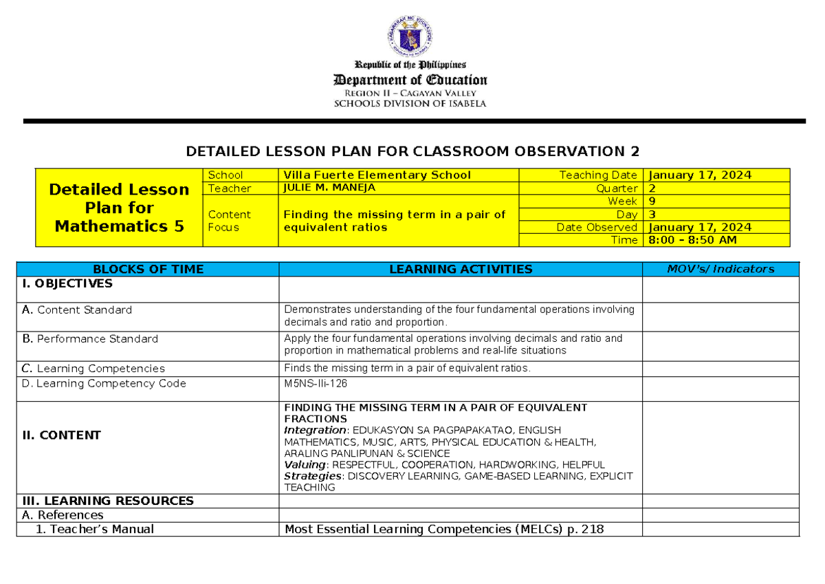 CO 2 Mathematics 5 S.Y. 2023-2024 - DETAILED LESSON PLAN FOR CLASSROOM ...