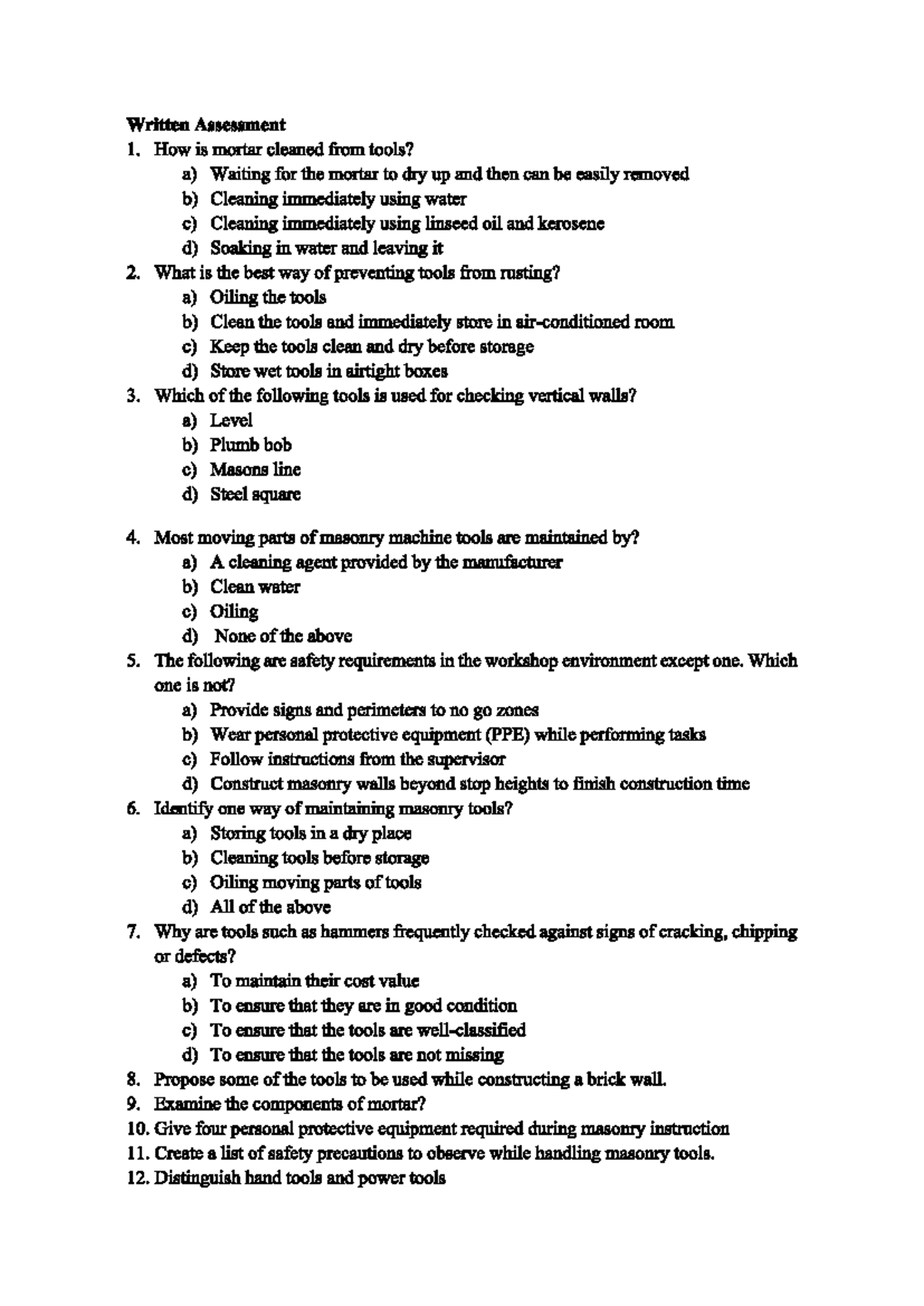 Masonry Workshop Technology Assignment: Written Assessment 1 - Studocu
