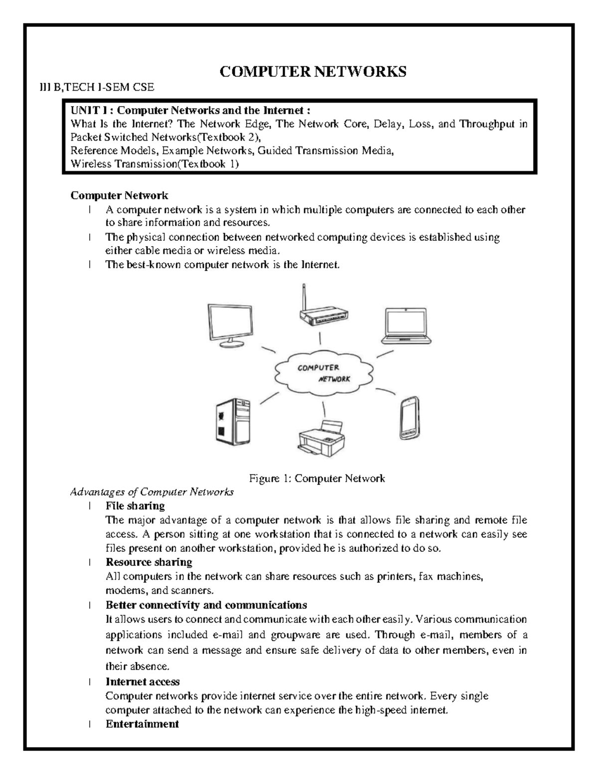 CN Unit-1: Introduction to Computer Networks and Internet Concepts - Studocu