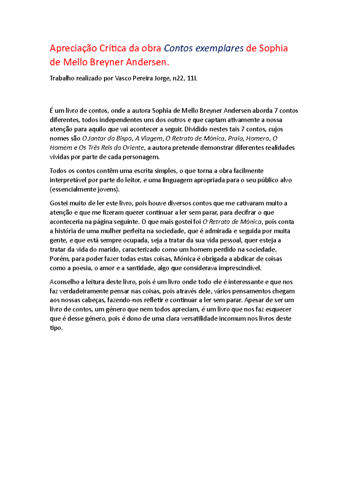 Apreciação Crítica: Contos Exemplares de Sophia de Mello Breyner - Studocu