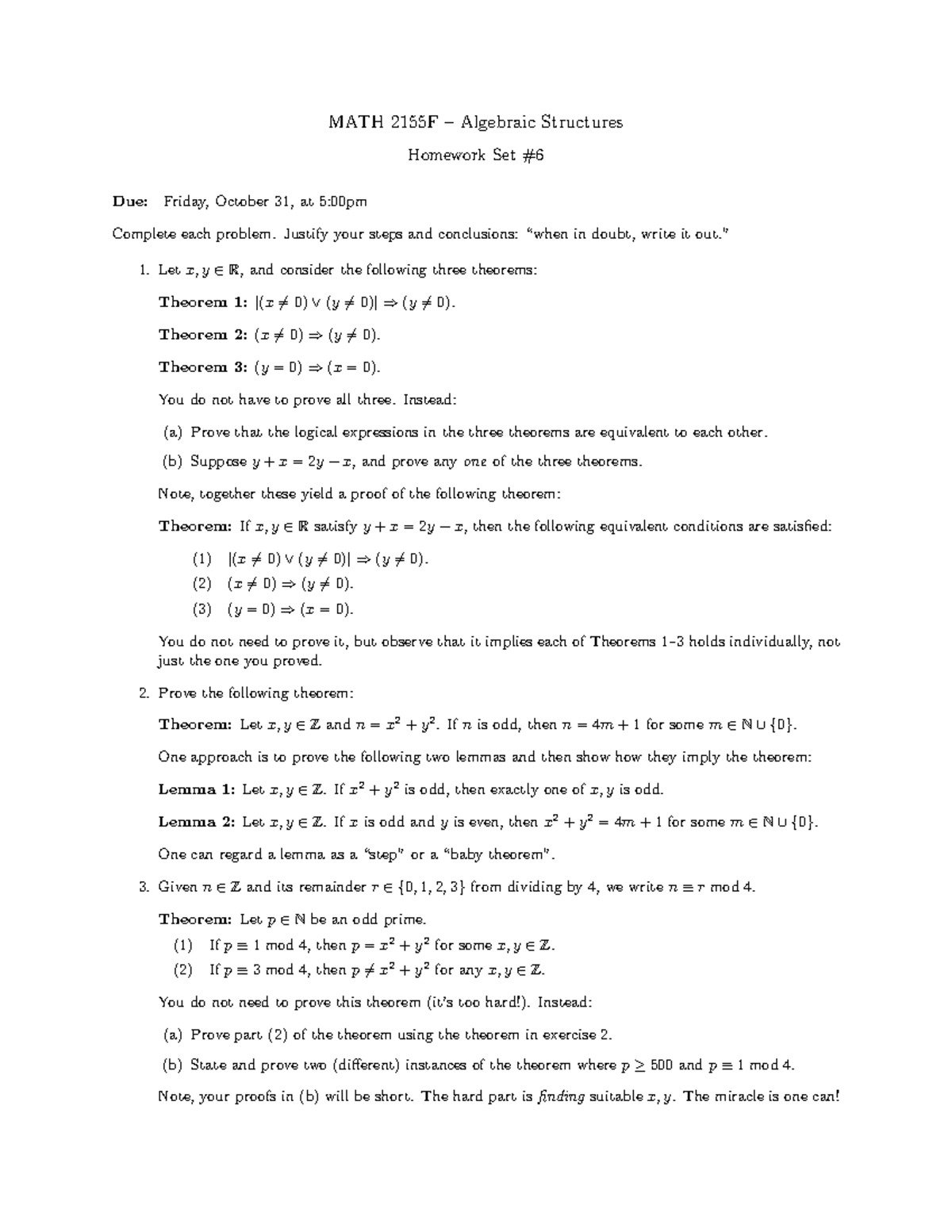 MATH 2155F Algebraic Structures Homework Set 6: Due Oct 31 - Studocu