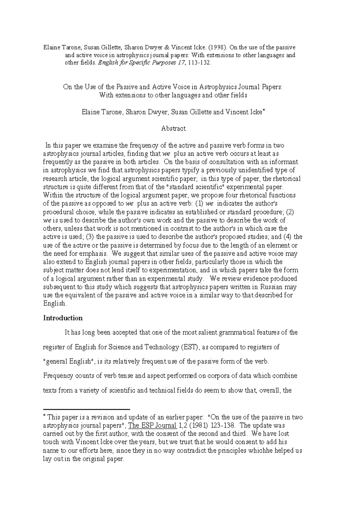 Passive Voice in Astrophysics Journal Papers: Tarone et al. (1998 ...