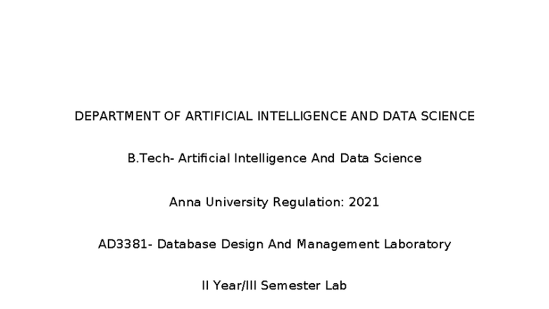 DDM-AD3381 Database Design and Management Lab Manual - Studocu
