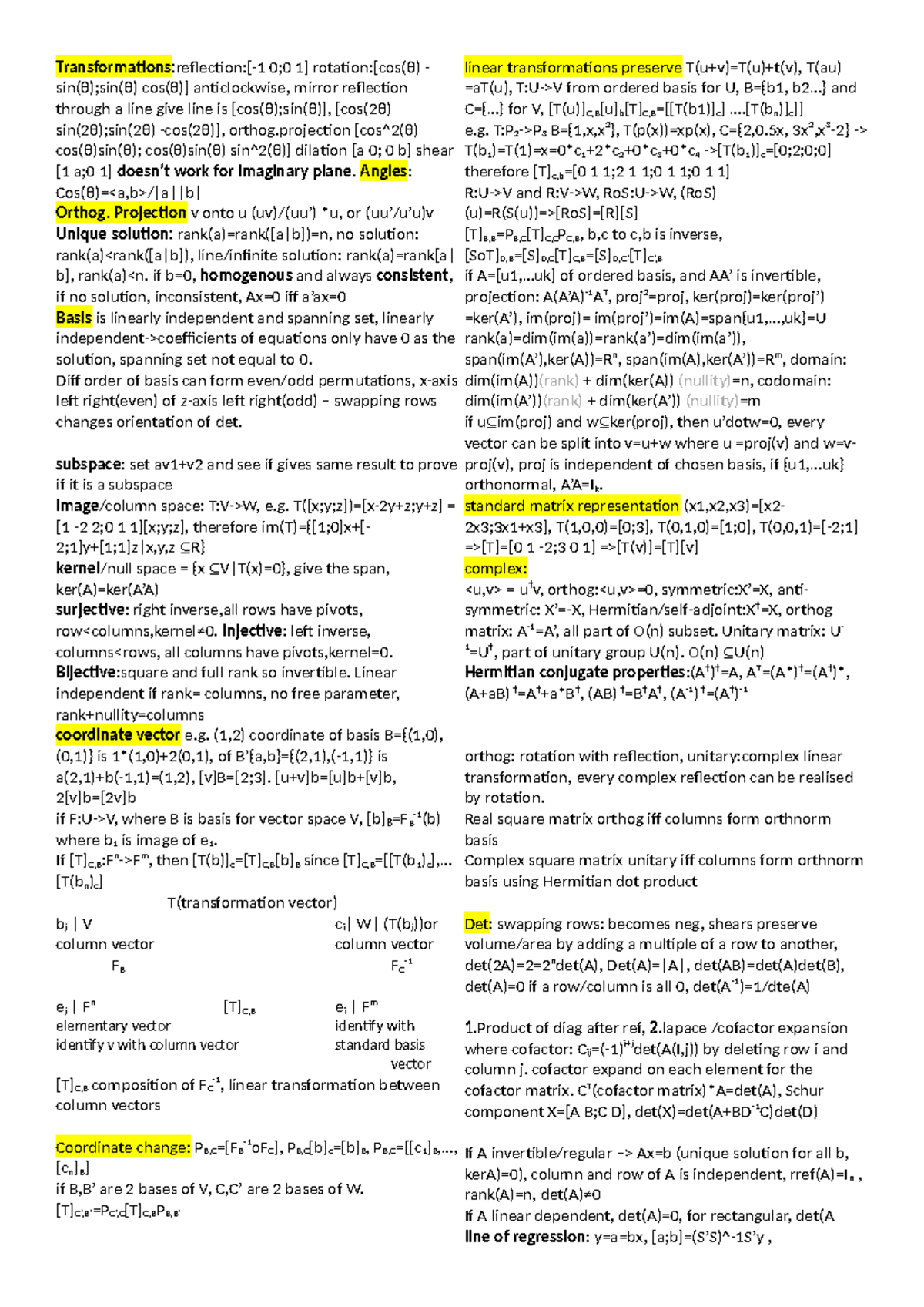 Linear Algebra Cheat Sheet: Transformations & Projections - Studocu