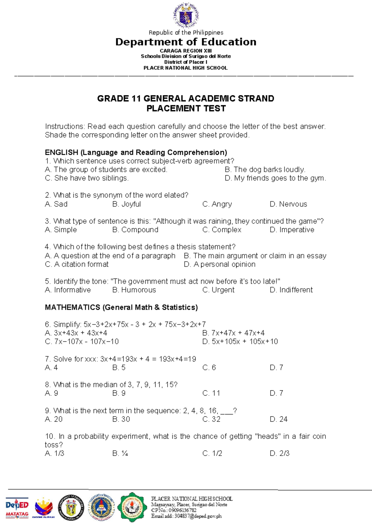 Grade 11 Placement Test: General Academic Strand (GAS) Exam - Studocu