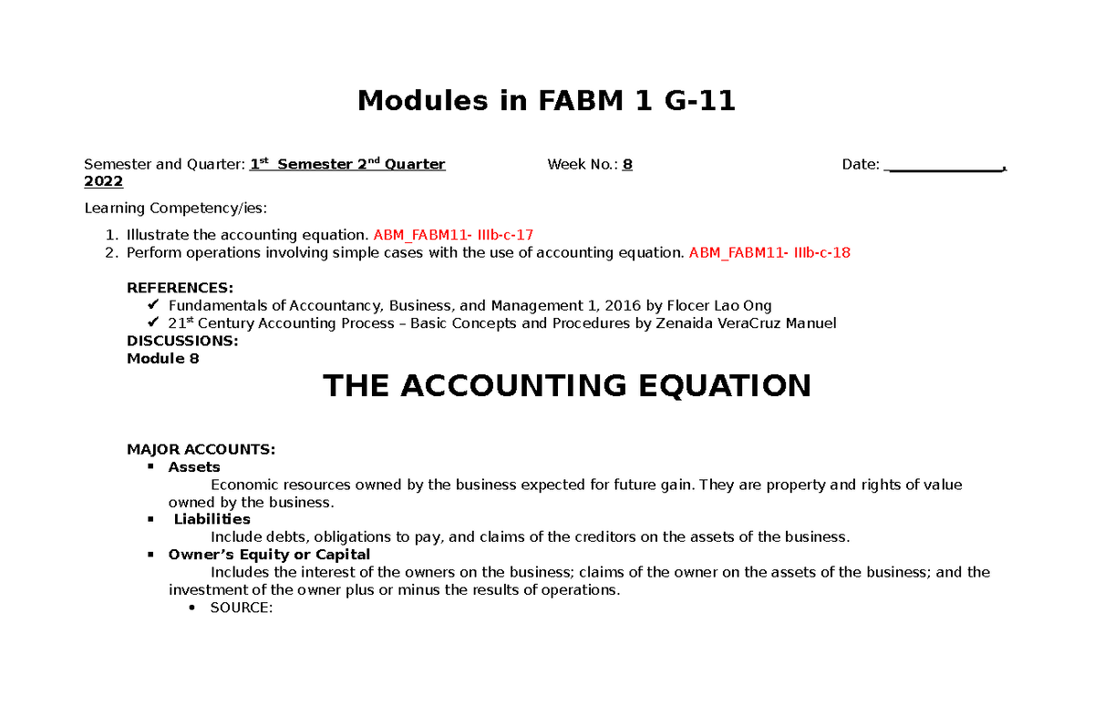 FABM 1 Module 8: Understanding the Accounting Equation Concepts - Studocu