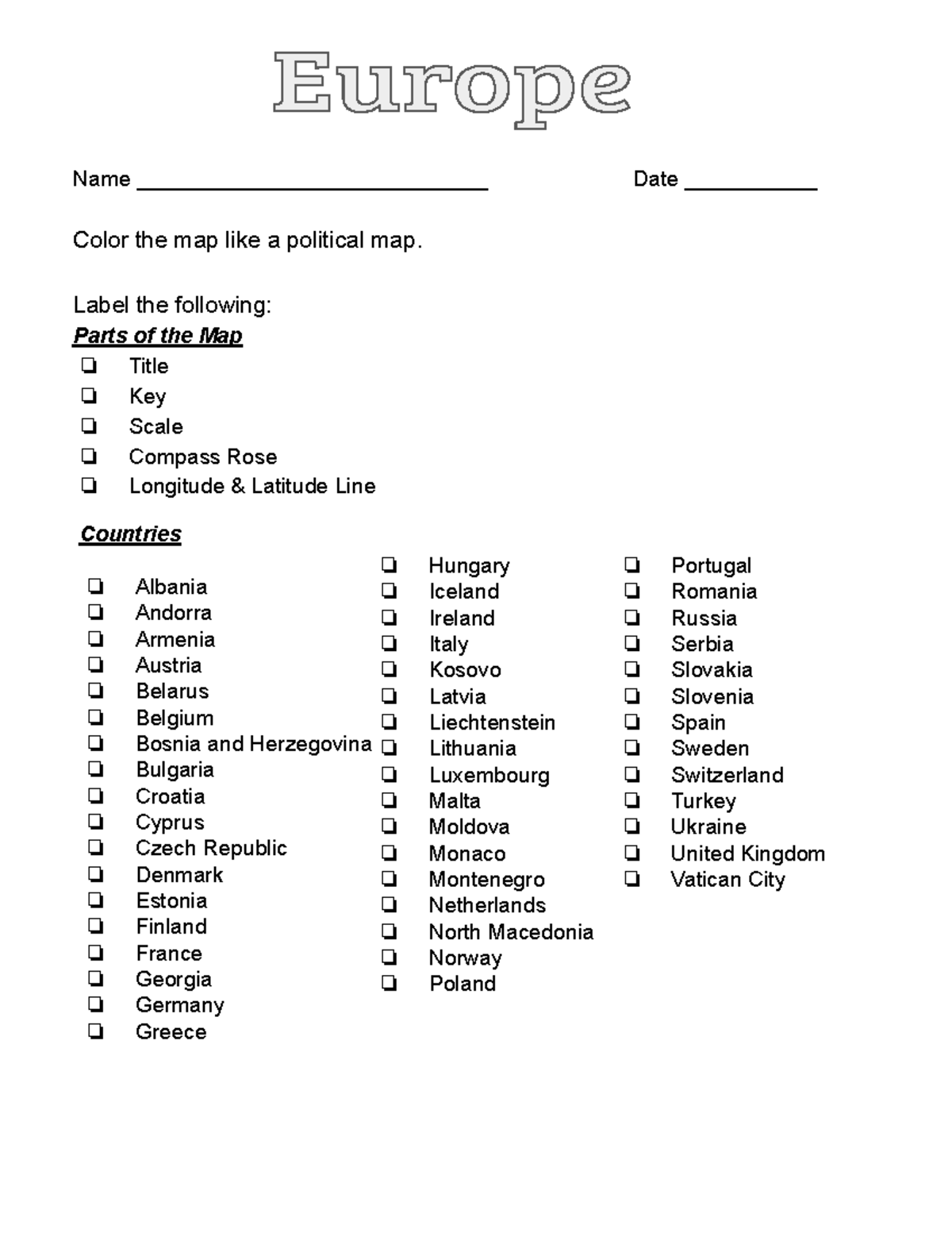 Europe Map Activity: Political & Physical Features for Geo-1 - Studocu