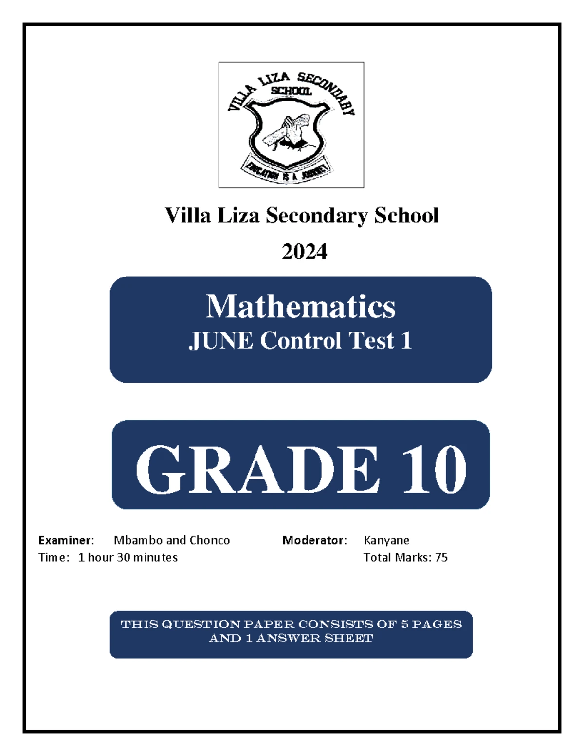 Mathematics Grade 10 June Exam Paper 2 - 2024 Control Test - Studocu