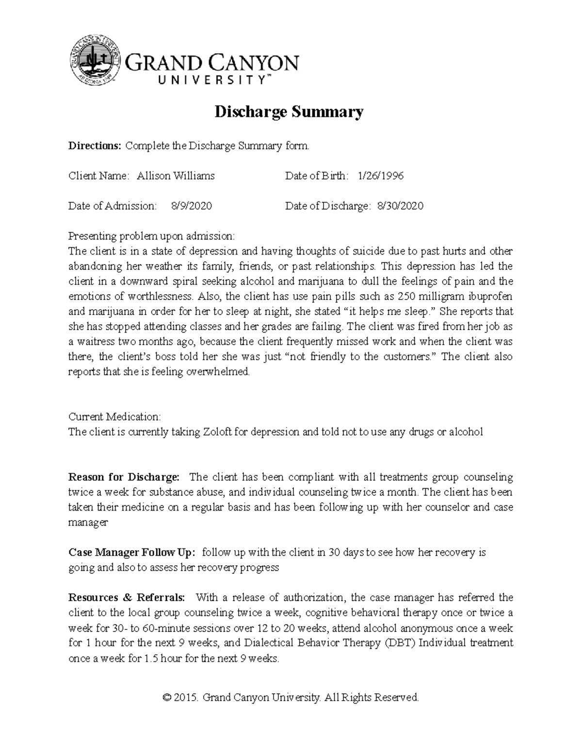Discharge Summary - Case Study - Discharge Summary Directions: Complete ...