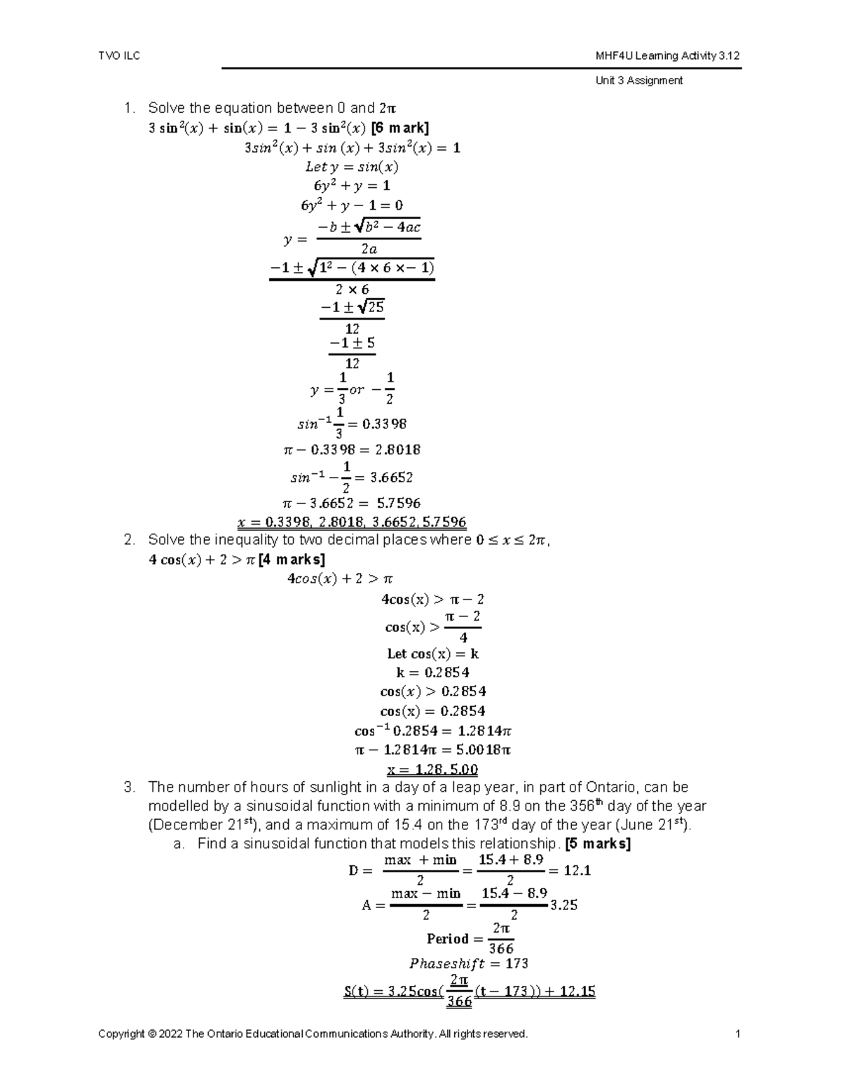 TVO ILC MHF4U Unit 3 Assignment 1: Solving Equations & Inequalities ...