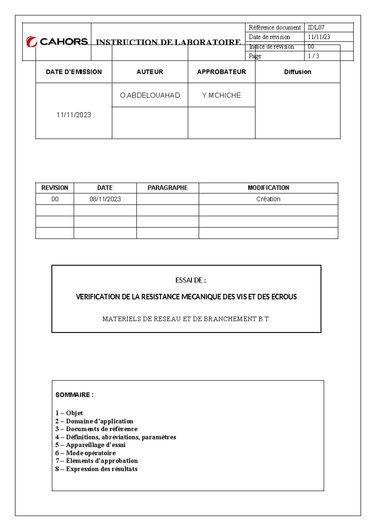 IDL07 - Instruction de Laboratoire: Vérification Résistance Vis et ...