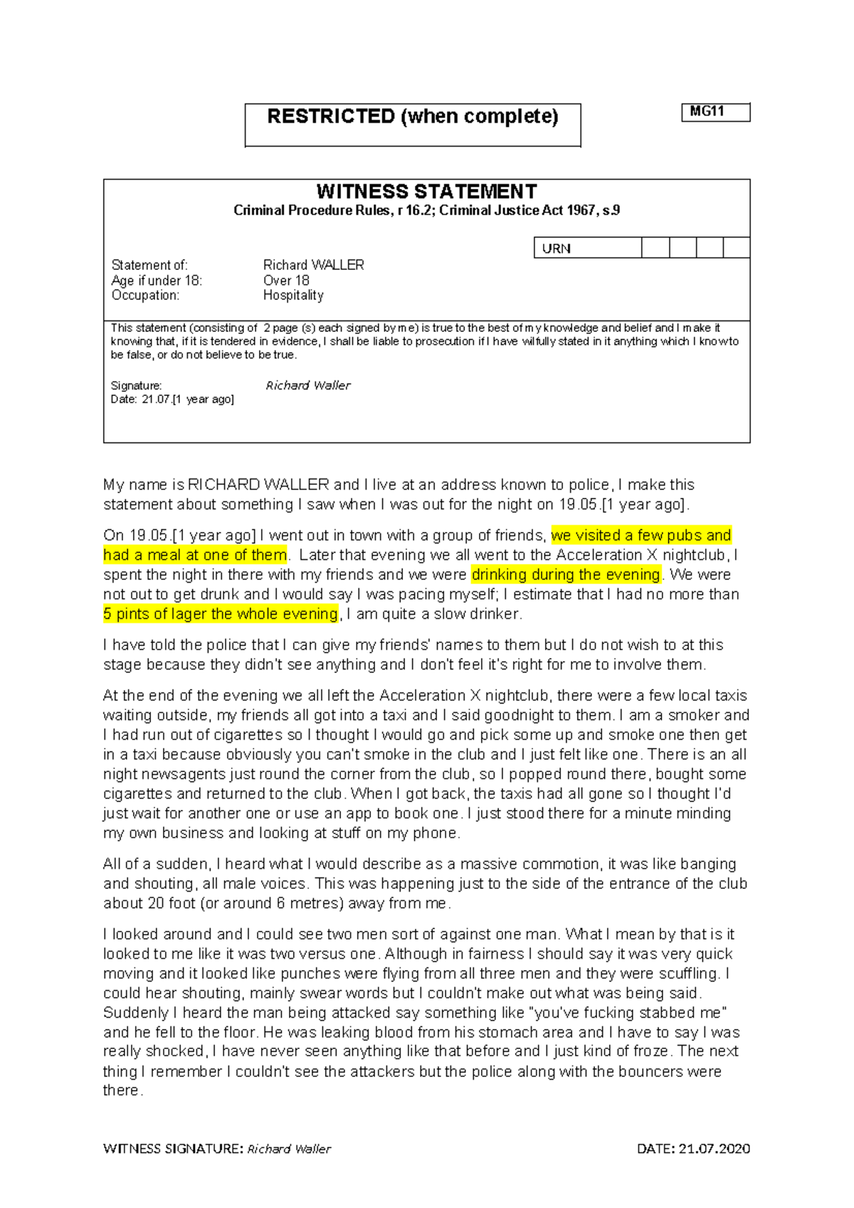 MG11 Witness Statement: Richard Waller - Crime Incident Report - Studocu