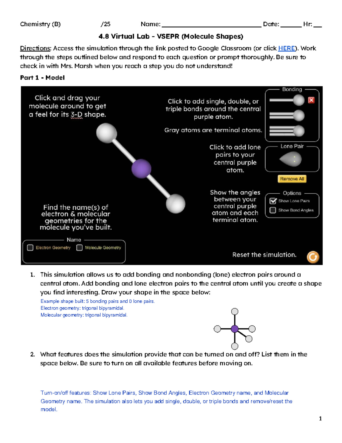 Chemistry 4.8 VSEPR Virtual Lab: Exploring Molecular Shapes - Studocu