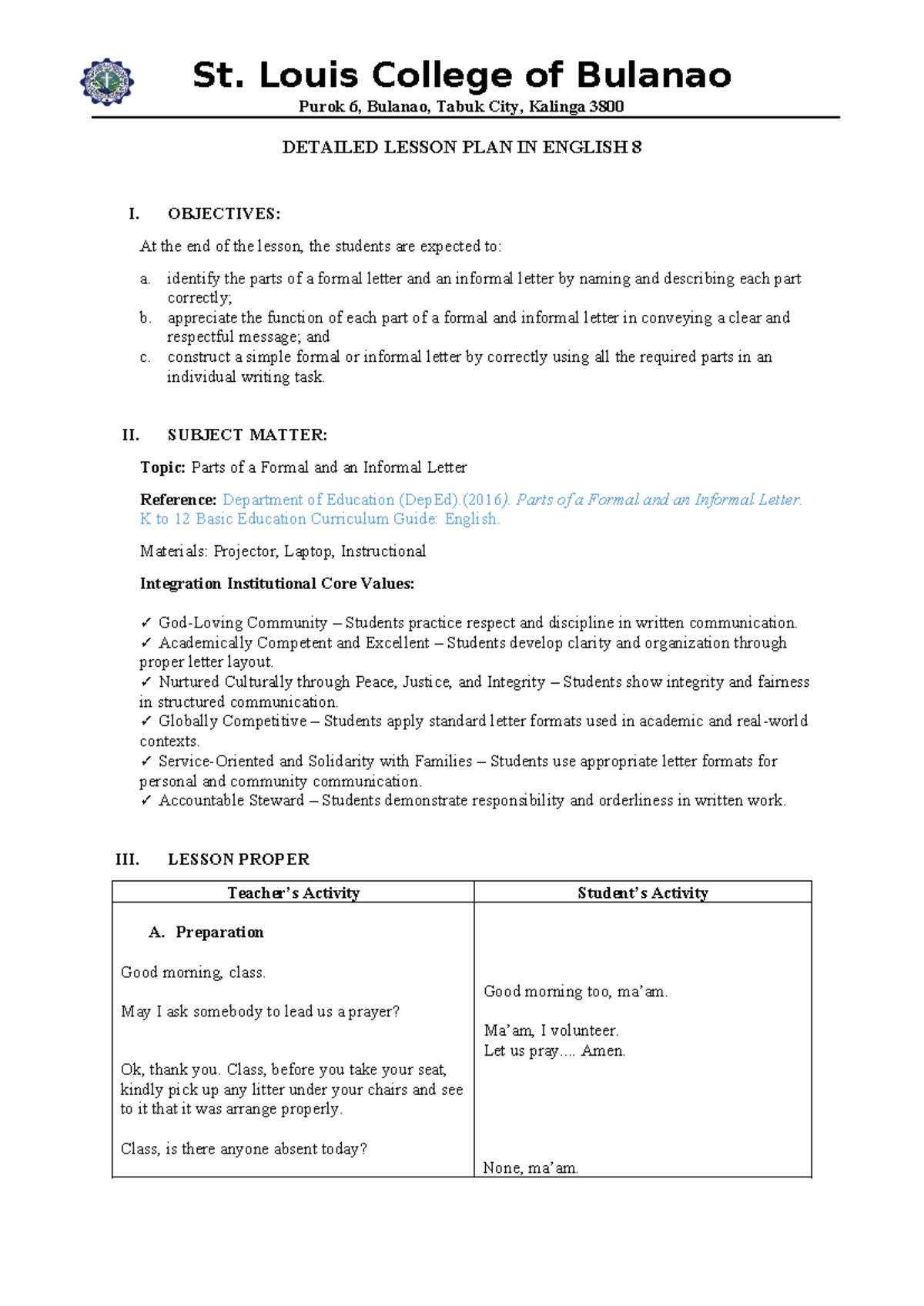 Detailed Lesson Plan: Parts of Formal & Informal Letters (ENG 8) - Studocu