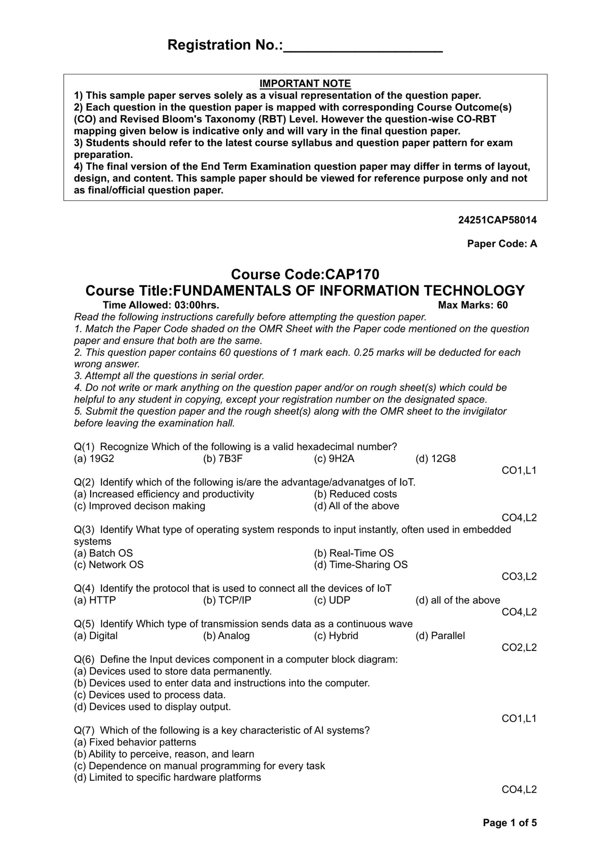 CAP170 Final Exam Sample Paper - Fundamentals of IT - Studocu