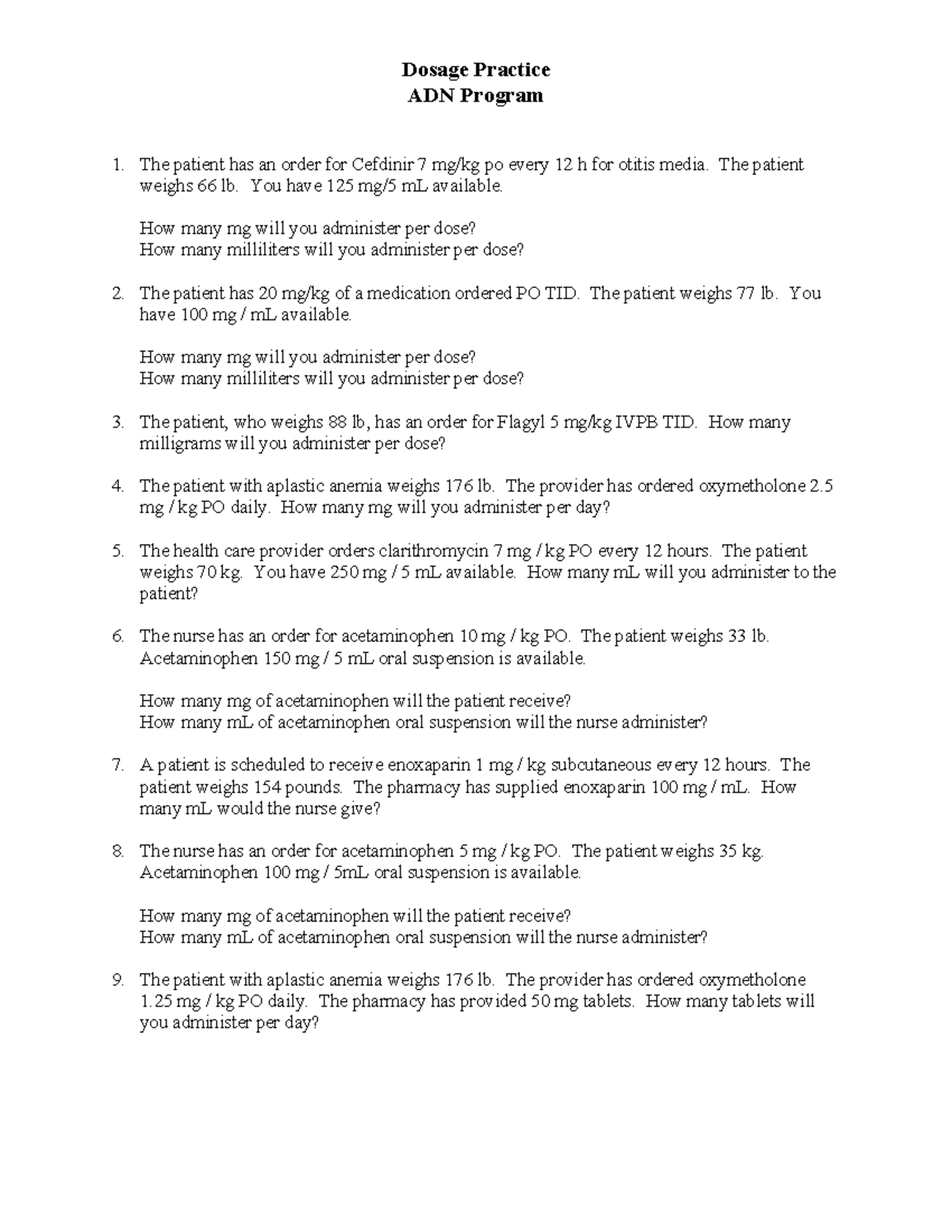 ADN Program - Dosage Calculations Practice for Medication ...